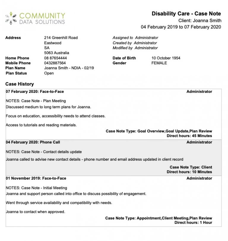 NDIS Reports – NDIS Case Notes – Community Data Solutions